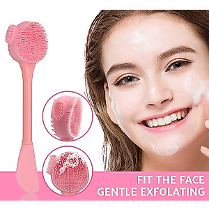 2 Pack Silicone Face Scrubber, 4 in 1 Facial Cleansing Brush, Handheld Face Wash Brush for Pore Cleansing, Gentle Exfoliating, Removing Blackhead, Blue and Pink