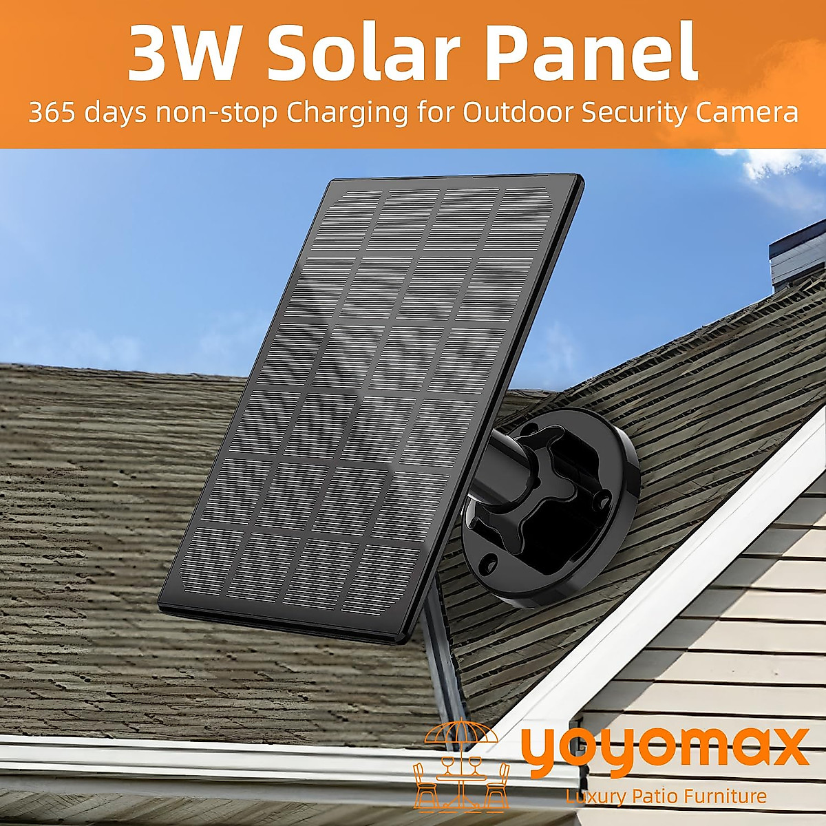 3W Solar Panel for Outdoor Wireless Security Camera, IP65 Waterproof Solar Panel Continuously Power USB, Adjustable Security Wall Mount (Black)