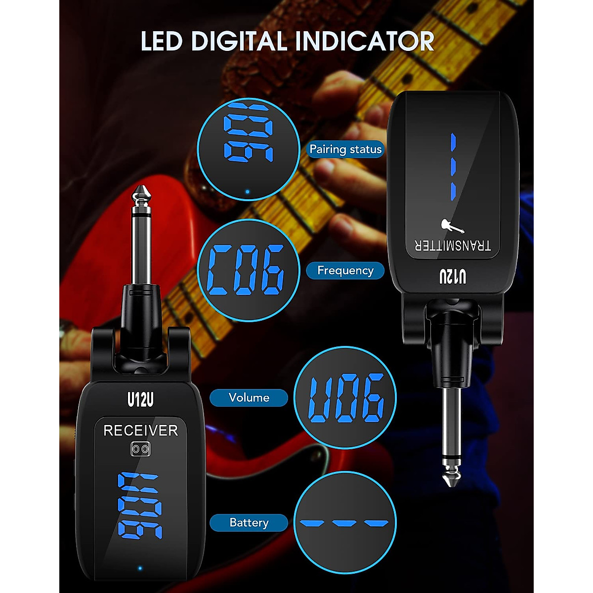 TTSTAR ISAIBELL Wireless Guitar System Instrument System Electric Guitar Transmitter Receiver Rechargeable Bass Accessories Digital Display Stereo Jack Audio Cable Adapter 15Set Frequency