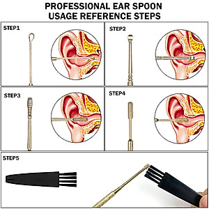 Hion 6 Pcs Extended Ear Wax Removal Kit,Professional Double-Headed Ear Pick Earwax Removal Tools,316L Stainless Steel Ear Cleaner Curette with Cleaning Brush and Storage Box,Suit for Kid Adult(Gold)