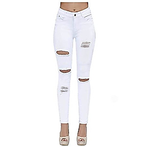 Women's High Waisted Butt Lift Stretch Ripped Skinny Jeans Distressed Denim Pants US 10 White 15