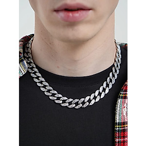 Mens Chains Diamond Cuban Link Chain Necklace Bracelets Set for Men Women Bling Bling Hip Hop Jewelry (Silver 20IN)