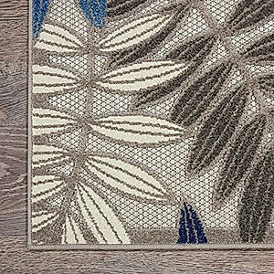 Nourison Aloha Indoor/Outdoor Grey/Blue 2' x 6' Area -Rug, Tropical, Botanical, Easy -Cleaning, Non Shedding, Bed Room, Living Room, Deck, Backyard, (6' x Runner)