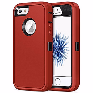 Jelanry iPhone 5S Case Heavy Duty Armor for iPhone 5 Dual Layer Protective Shell iPhone SE 2016 Case Shockproof Sports Rugged Phone Case Anti-Scratches Cover Non-Slip Bumper Hybrid Case Red