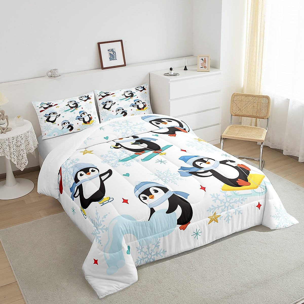 Winter Snowflake New Year Bed Comforter Set Queen Size,Cute Cartoon Skiing Penguin Super Soft Microfiber Bedding Set for Girls Boys,Merry Christmas Theme Decorative Quilter Set