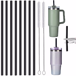 8 Pack Replacement Straws for 40 oz Stanley Adventure Travel Tumbler Cup, Reusable Straws Black Silicone Straws with Cleaning Brush, Compatible with 40oz 30oz 20oz 14oz Stanley Water Jug, 12inch