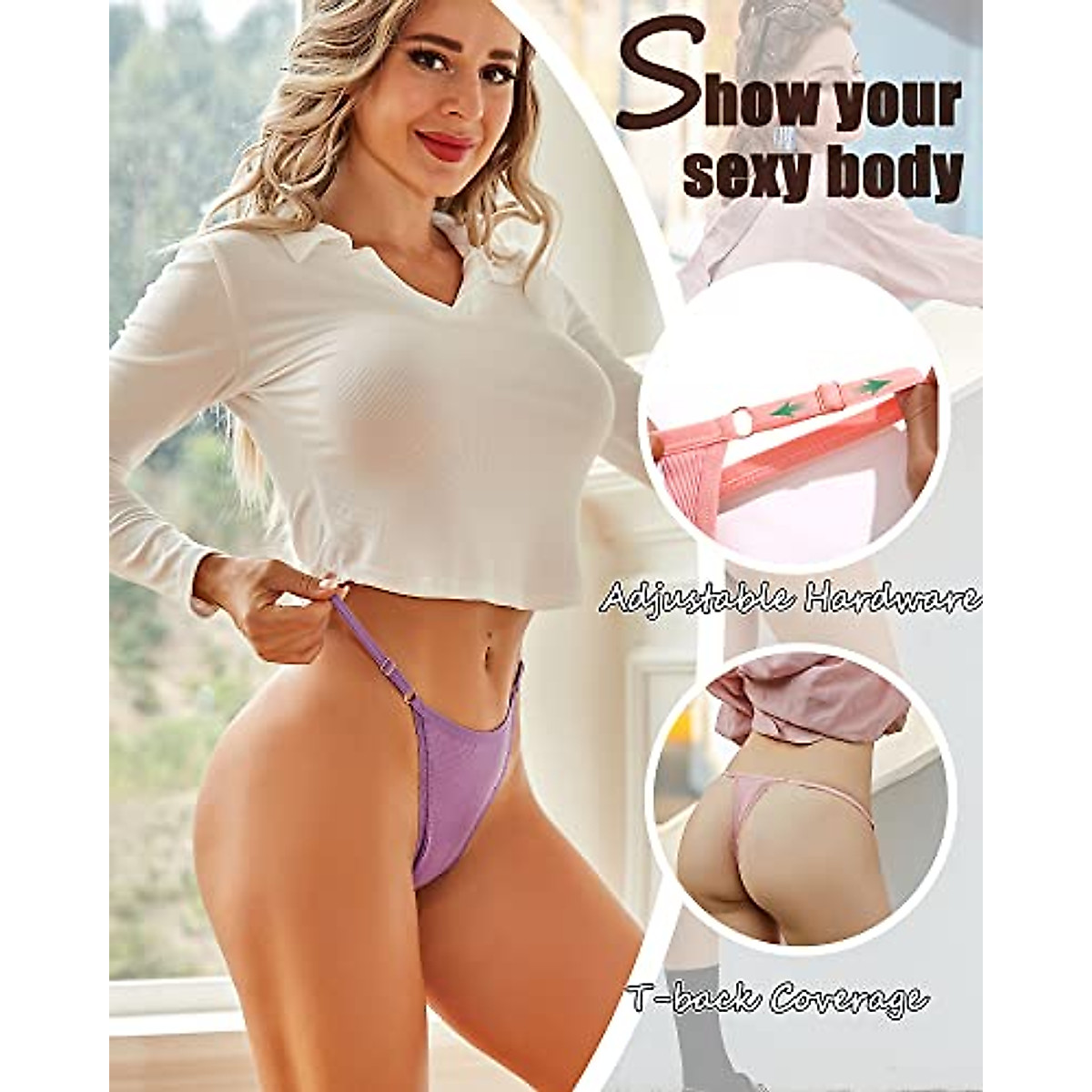 FINETOO Adjustable G String Thongs for Women Cotton Underwear Low Rise T-back Sexy Tangas Lace Trim Breathable 6 Pack S-XL