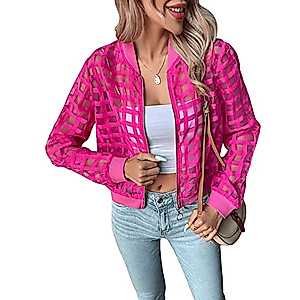 Floerns Women's Hollow Out Long Sleeve Baseball Collar Zip Up Bomber Jacket Hot Pink S