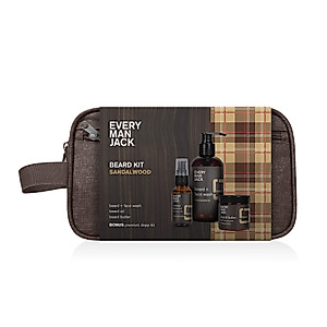 Every Man Jack Mens Sandalwood Beard Set - Perfect for Every Guy - Includes Full-Sized Grooming Essentials - Beard + Face Wash, Beard Oil, Beard Butter + Dopp Bag