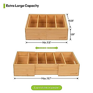 CLEANCLUE Expandable Kitchen Cabinet Organizer for Food Storage Container Lids, Bamboo Drawer Caddy Adjustable Dividers, Box for Kitchen Storage and Organization, Lids Organizer for Cabinet (Natural)