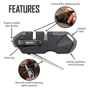 Smith’s 50979 Pocket Pal Tactical Knife Sharpener - Black - 2 Stage Sharpener & Diamond Sharpening Rod - Pocket Clip - Outdoor Hunting Knife & Hook Sharpener - Compact & Lightweight
