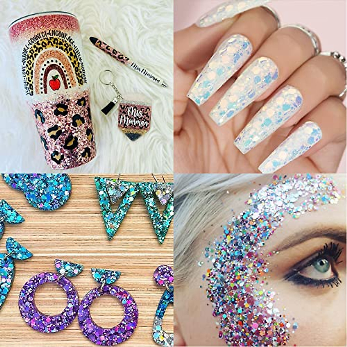 Holographic Chunky and Fine Glitter Mix, 20 Colors Craft Glitter for Resin, Iridescent Nail Glitter, Cosmetic Eye Hair Face Body Glitter, Glitter Flakes Sequins for Epoxy Resin Tumbler DIY Arts Crafts