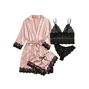 SOLY HUX Women's Satin Pajama Set 4pcs Floral Lace Trim Cami Lingerie Sleepwear with Robe Pink Medium