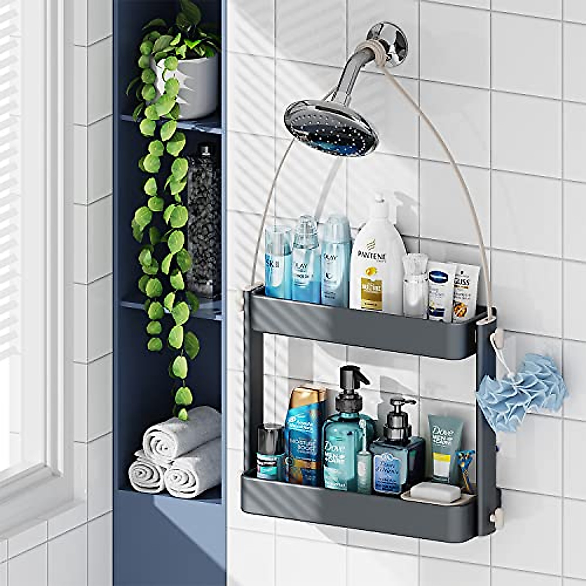 ADOVEL Shower Caddy Hanging, 2 in 1 Shower Caddy Over Shower Head/ Door, Sturdy Bathroom Shelf Organizer with Adjustable Height, Never Rust, No Drilling, 4 Suction Cups (Grey)