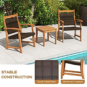HAPPYGRILL 3 Pieces Rattan Wood Bistro Set, Patio Wicker Chairs Set with Acacia Wood Side Table, Outdoor Sofa Furniture Set for Yard Garden Porch Poolside