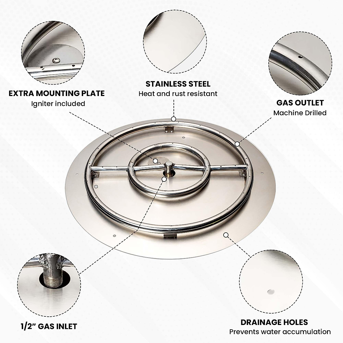 Dreffco Stainless Steel Fire Pit Burner Pan & Ring Pro Kit for Liquid Propane, 30-Inch Pan, 24-Inch Ring, 150,000 BTU Max