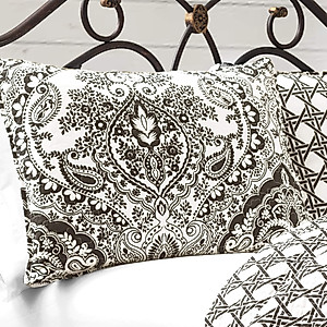 Lush Decor Aubree Quilt Paisley Damask Print Pattern Reversible 3 Piece Lightweight Bedding Blanket Bedspread Set - Full Queen - Black and White