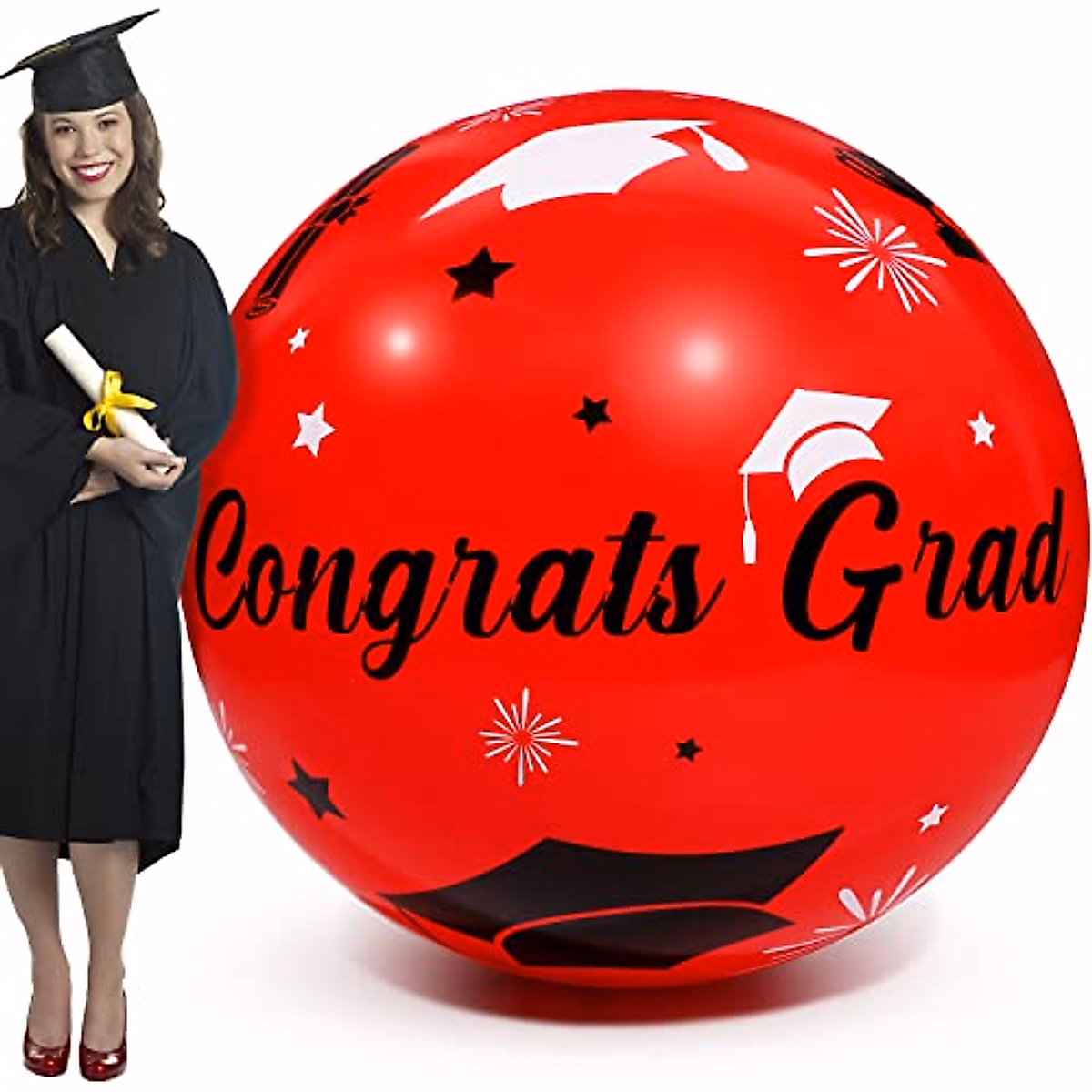 Hiboom 60 Inch Graduation Beach Ball Class of 2023 Giant Beach Ball Inflatable Large Beach Ball Blow up Plastic Graduation Party Supplies for Summer Pool Party Favors Water Games (Red Black)