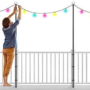 Holiday Styling String Light Poles w/Hooks for Outdoor String Lighting , Metal - Patio Light Accessories Ideal for Backyard, Weddings, and Parties