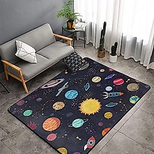Non Slip Large Area Rugs Durable Thick Floor Mat Doormats Cartoon Space Planets and Spaceships Pattern Printed Floor Pad Rugs Living Room Bedroom Carpet Standing Mat Home Decor 60"x40"