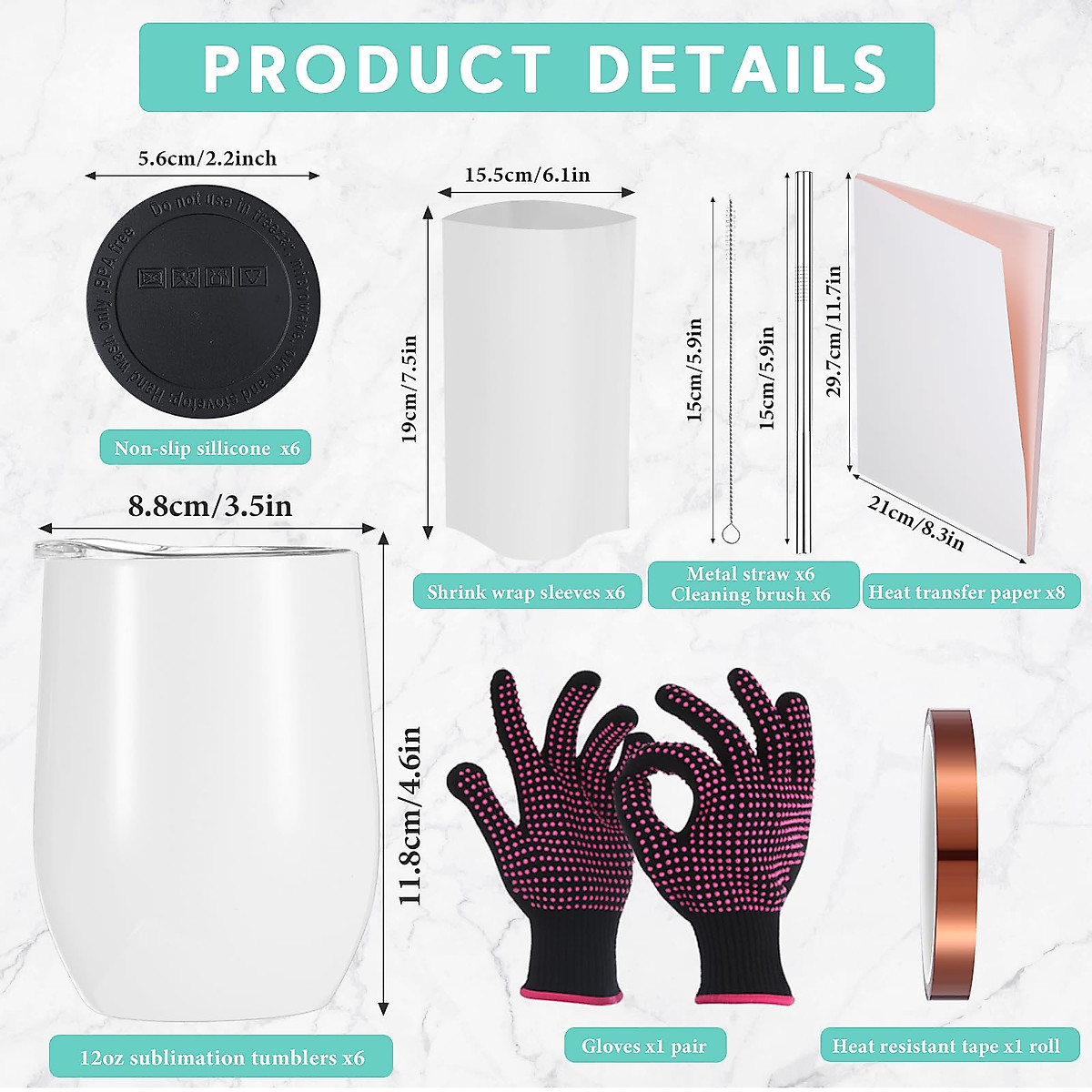 Yaomiao 6 Pieces Sublimation Tumblers 12 oz Sublimation Wine Tumblers Double Wall Vacuum Sublimation Cups Stainless Steel Sublimation Wine Glass with Heat Tape Gloves Shrink Wrap Paper Rubber Base