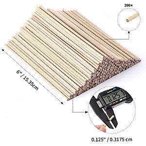 Wooden Dowel Rods Assorted 1/8 Inch x 6", 200 Wood Dowels, Wooden Dowels for Crafts, Precut Dowels for Crafting, Hardwood Dowel Rod, Wooden Rod Sticks Doweling Rods, Cake Dowels for Tiered Cakes