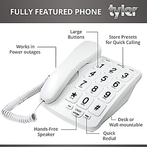Tyler TBBP-4-WH Telephone for Seniors - Large Button Landline Phone for Elderly with Loud Speaker, Speed Dial, Ringer Volume Control, Wall Mount - Easy to See & Press Numbers - Works in Power Outage