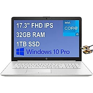 HP 17 Flagship Laptop Computer 17.3" FHD IPS Anti-Glare Display 11th Gen Intel 4-Core i5-1135G7 (Beats i7-10510U) 32GB RAM 1TB SSD Intel Iris Xe Graphics Webcam Win10 Pro Silver + HDMI Cable