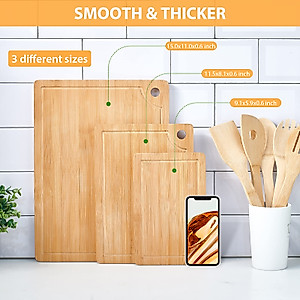 Bamboo Cutting Board Set with Juice Groove (3 Pieces), Wooden Cutting Boards with Hole for Kitchen, Chopping Boards with Bamboo Utensils for Meat, Vegetables, Cheese and Fruits