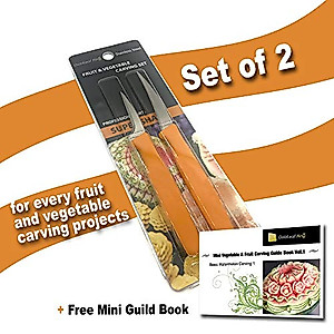 GoldleafKing Fruit Carving Knife Set of 2 | 2, 2.5 Inch Orange Handle | Fruit Carving Tools Carving Knives | Knife - Carving Knives for Fruits and Vegetables - Free 1 Mini Carving Guide Book