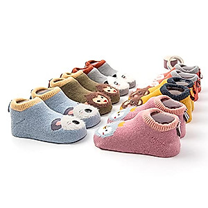 6 Pairs Baby Anti Slip Non Skid Low Cut Socks No-Show Infant Cotton Cartoon Warm Slippers Floor Boat Ankle Socks (Animal style A, 12-36 month)