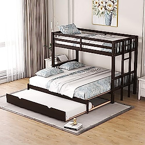 Extendable Bunk Bed with Trundle, Twin Over Double Twin Bunk Bed Frame, Upgraded Version Wooden Bunk Bed with Trundle, Pull-Out Bunk Bed Frame Can Be Extendable, No Spring Box Needed, Espresso