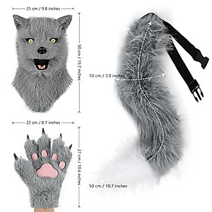 hbbhml Animal Dog Head Mask Realistic Furry Plush Tail Claw Gloves Full Wolf Masks for Halloween Party Carnival Cosplay Gray