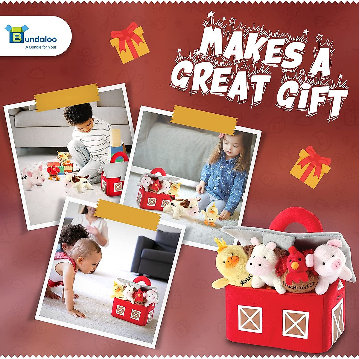 Bundaloo Plush Farm Animal Toys with Realistic Sounds - Plushie Play Set with Barn Carrier