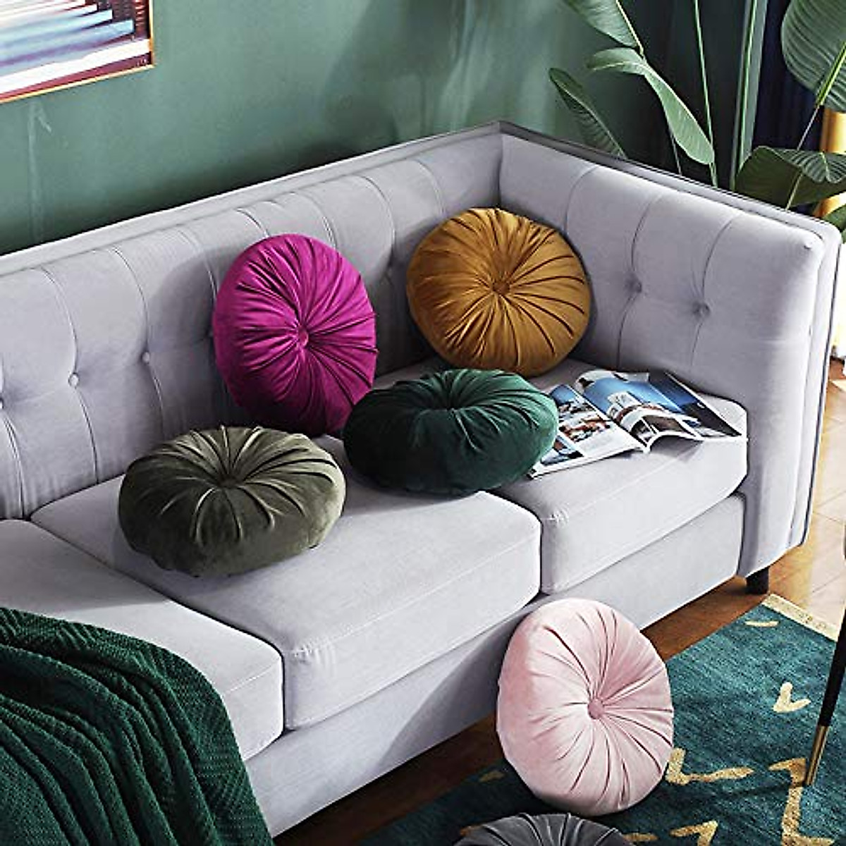 TRRAPLE Round Throw Pillows, Pumpkin Velvet Cushion Pleated Round Pillow Home Decorative for Sofa Bed Living Room Office Chair Couch