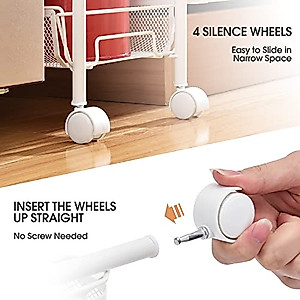 KINGRACK 4-Tier Slim Rolling Storage Cart with Wooden Tabletop,Skinny Mobile Kitchen Pantry Cart Metal with Wheels, Slide Out Utility Narrow Rolling Cart Easy Assemble for Tight Spaces, White