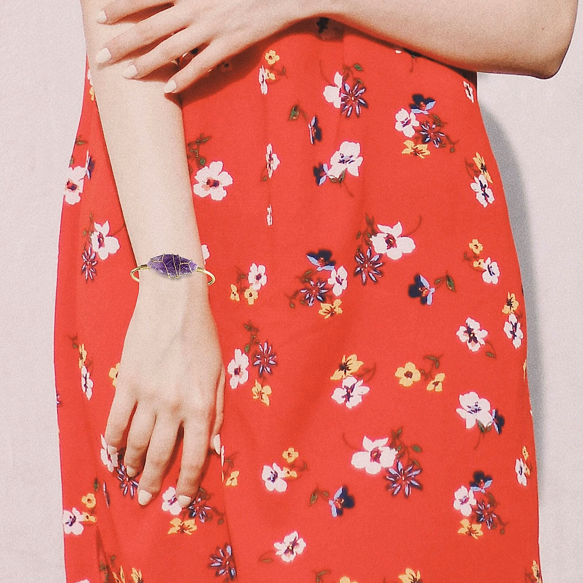 Amethyst Bangle Bracelet, Gold Plated Wire Wrap Natural Purple Crystal February Birthstone Bracelet Cuff for Women, Handmade Adjustable Irregular Raw Gemstone Large Wrists, 0.8’’~1.4’’