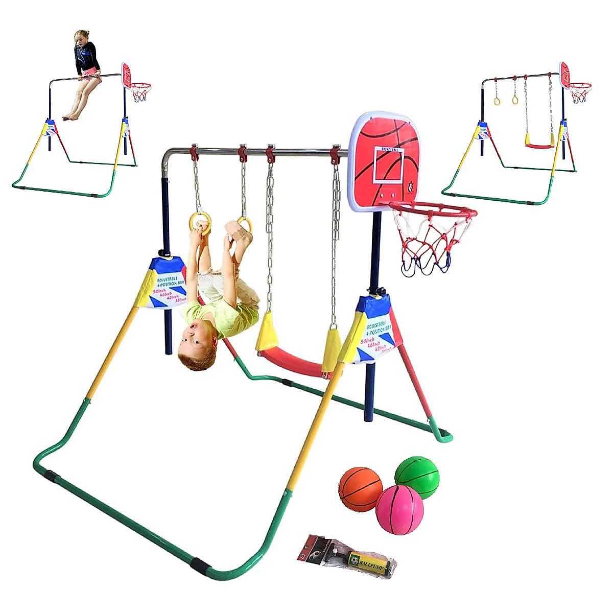 Kids Jungle Gymnastics Expandable Junior 4 in 1 Training Monkey Horizontal Bars Climbing Tower Child playset Training Pull Up Gym with Swing, Trapeze Ring and Basketball Stand with 3 Balls Set.