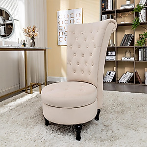 Container Furniture Direct Royal High-Back Velvet Accent Chair for Vanity with Storage and Luxurious Upholstery, Retro Design and Versatile Usage for Living Room, Bedroom, Lounge and Office, Ivory