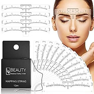 Kalolary 100 Pack Eyebrow Ruler with 1 Box 10M Premium Eyebrow Mapping Ink String Pre-Inked Microblading String for Eyebrow Mapping Ultra-Thin Mess-Free for Marking Symmetrical Eyebrows