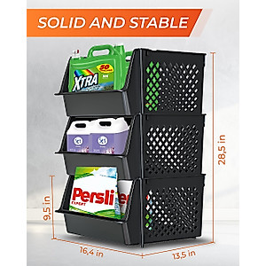 Skywin TidyFriend Large Plastic Stackable Storage Bins for Pantry Black - 3-Pack, Large Stackable Bins For Organizing Food, Kitchen, and Bathroom Essentials (Rhombus)