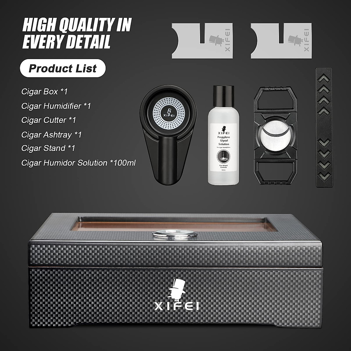 XIFEI Cigar Humidor, Glass Top Carbon Fiber Texture top Inlay Hygrometer,Including Cigar humidifier, Acrylic Cigar Stand,Cigar Ashtray and Humidor Solution, Holds 25-60 Cigars (9IN*7.5 * 2.8)