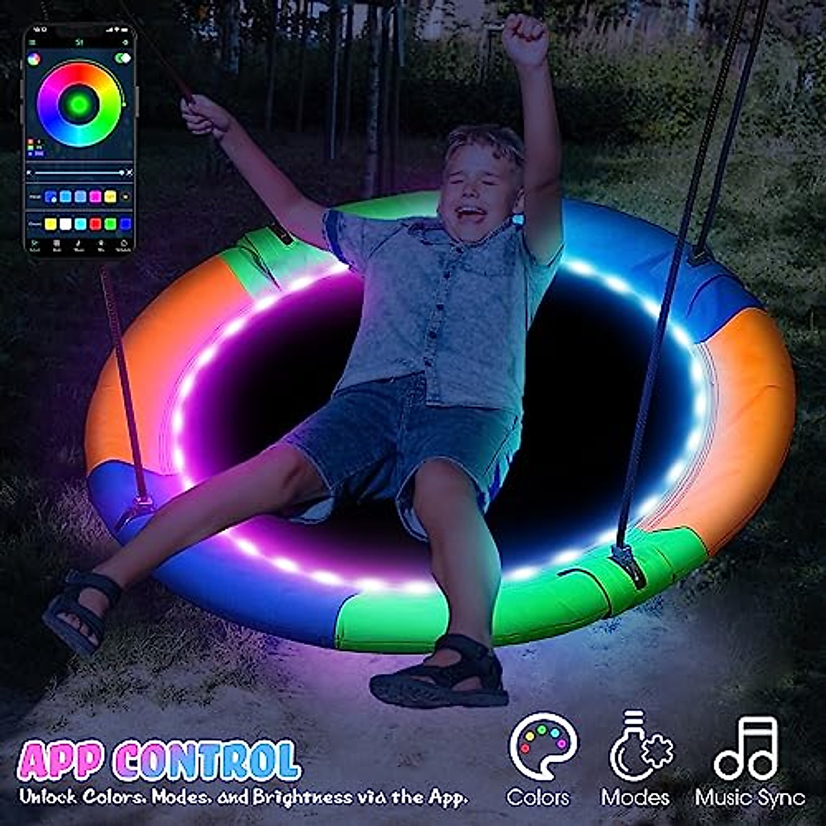LFSMVT LED Saucer Tree Swing, 40 Inch Light Up Kids Swing Set with APP & Remote Control, Music Sync, Waterproof Round Circle Swings for Kids Outdoor, Playground, Backyard
