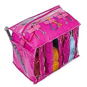 Knitting Organizer by Besti: Portable Knitting Yarn Storage Bag with Multiple Pockets, Individual Compartments, Carrying Shoulder Strap - Clear Plastic Tote Bag for Needles, Crochets & Threads (Pink)