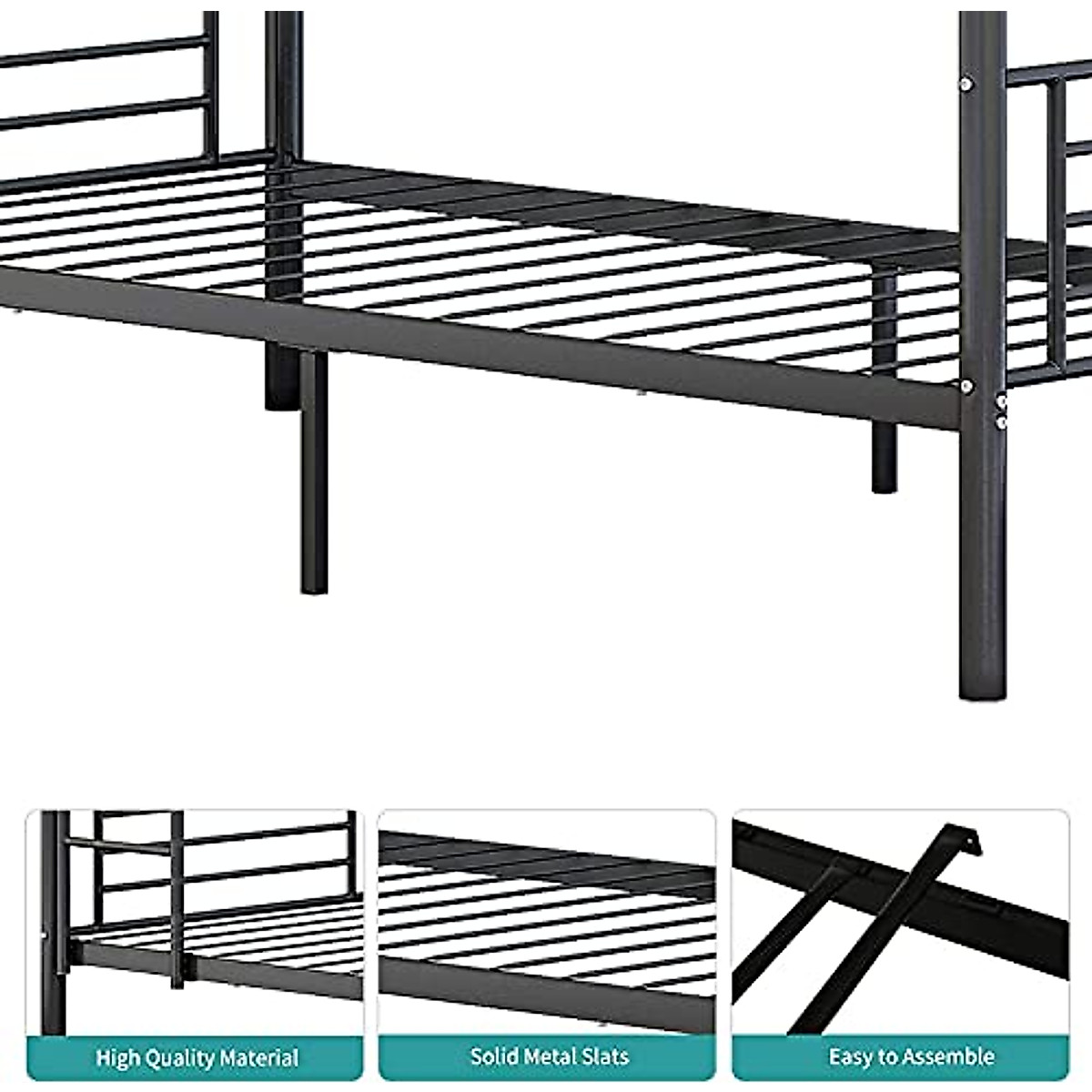 Metal Bunk Bed Twin Over Twin, Heavy Duty Bed Frames with Safety Guard Rails, Metal Slats for Kids, Teens, Adults, No Box Spring Needed Black