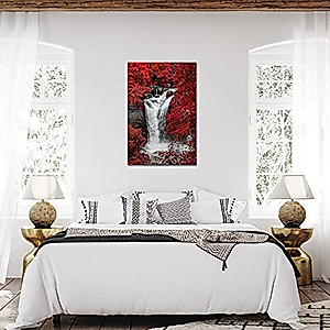 iKNOW FOTO Red Waterfall Canvas Wall Art Decor Vertical Decorative Prints Forest Landscape Picture for Living Room Kitchen Bedroom Office Home Decor Gift 24x36