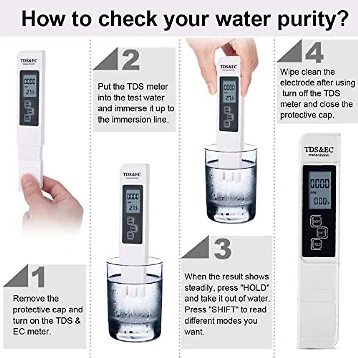 3 in 1 TDS EC Temperature Meter Pen, Digital Water Tester Kit PPM EC Meter for Drinking Water Hydroponics Aquarium RO System and Pool