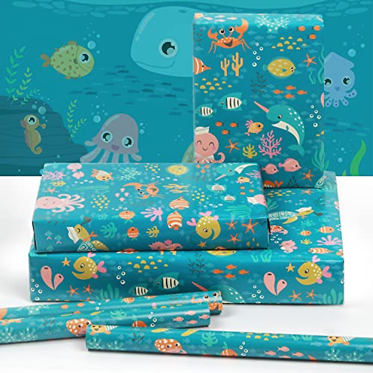 NEPOG Ocean Themed Birthday Wrapping Paper for Kids Girls Boys, 6 Sheets Under the Water Animal Coastal Design Gift Paper, 20 x 28 inch Per Sheet Folded Flat Birthday Paper for Birthday Baby Shower