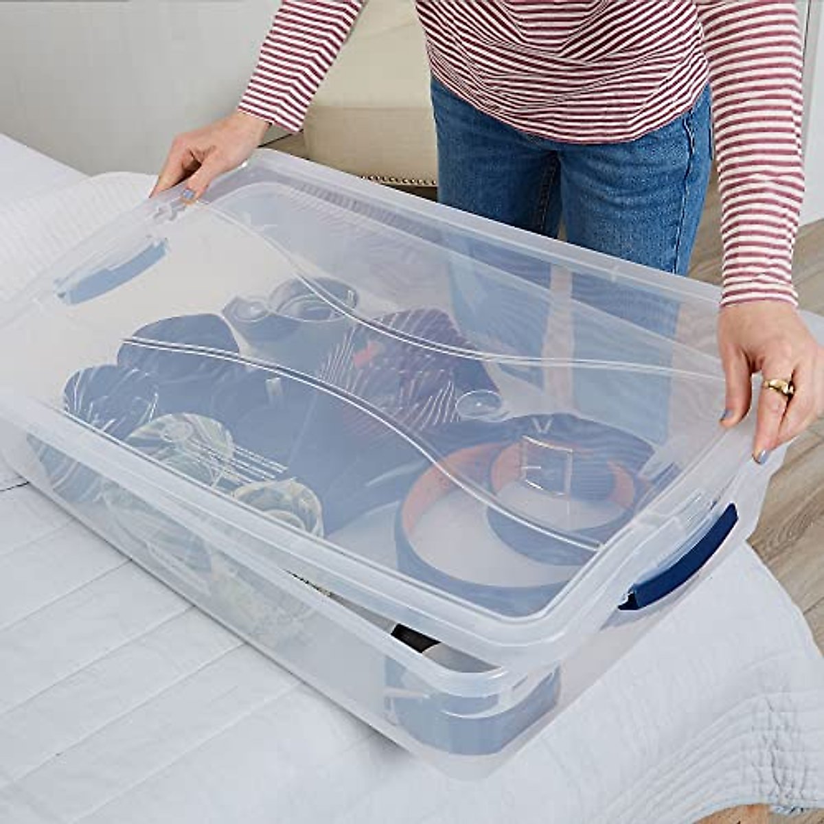 Rubbermaid Cleverstore 41 Quart Plastic Tote Container Bin with Latching Lid and Handles for Reusable, Stackable Home Office Storage, Clear (8 Pack)