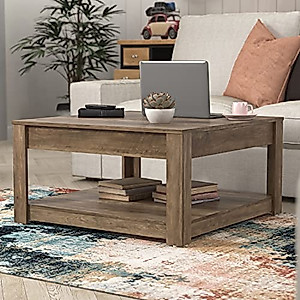 Galano Philia Square Coffee Table - Hidden Compartment and Storage Shelf - Modern Tabletop Dining Table for Living Room - Engineered Wood - Easy Assembly - Knotty Oak